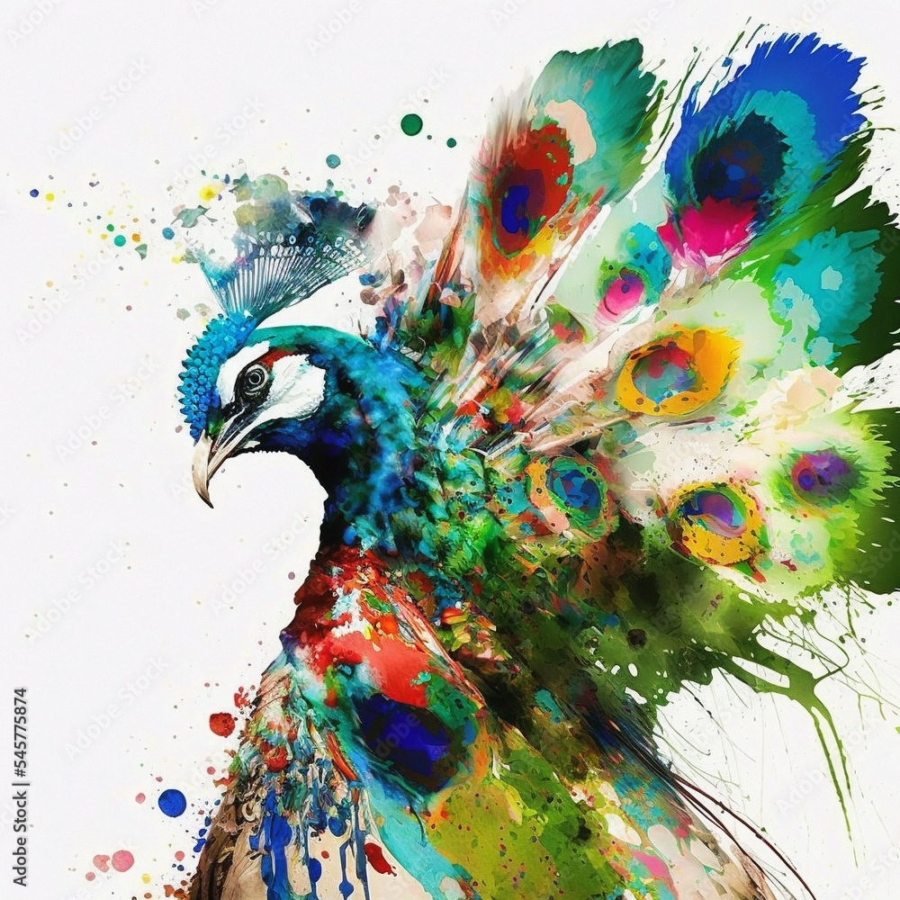 peacock with feathers watercolor splash paint Colorful bird Stock ...
