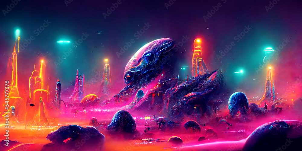 Space game background, neon night alien landscape. Stock Illustration ...