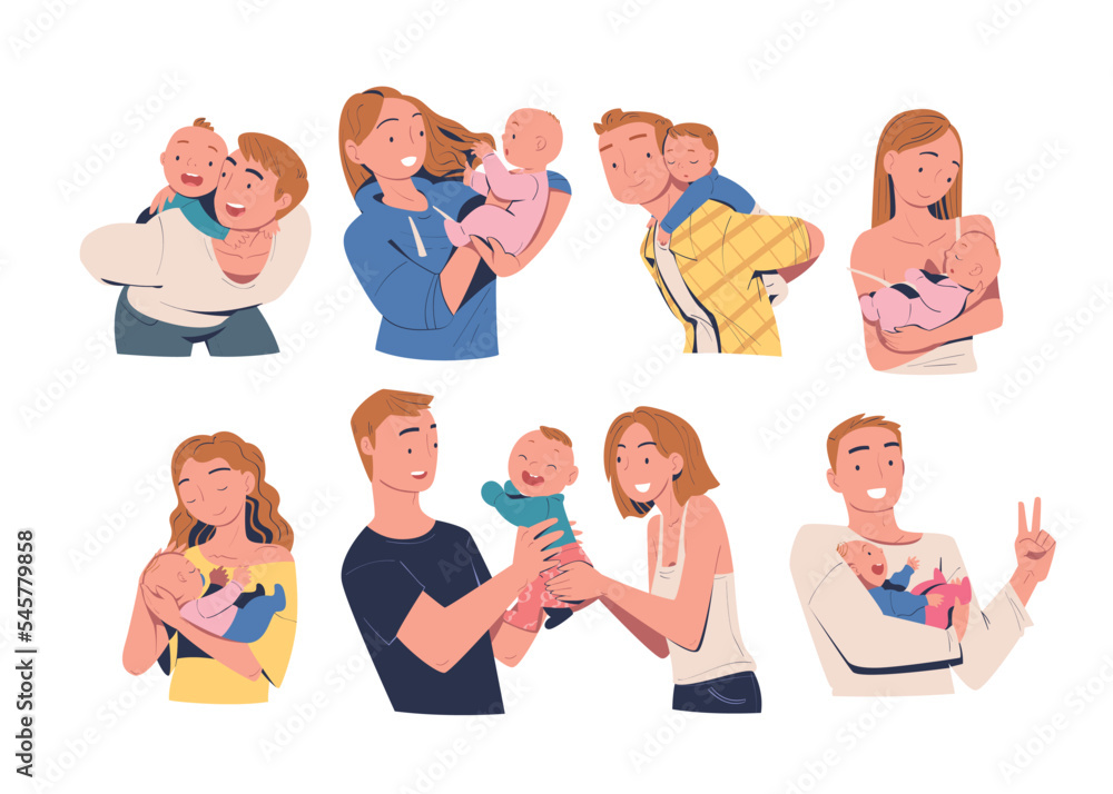 Happy people with their babies set. Mom and dad hugging and cuddling ...