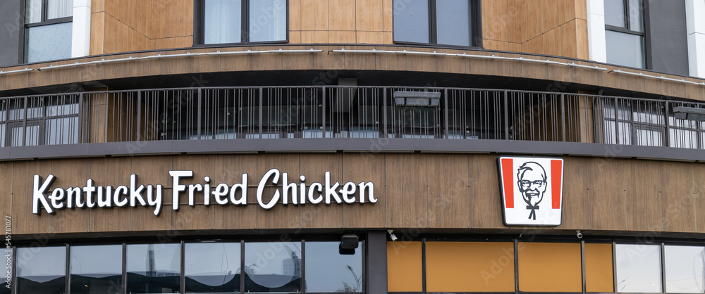Minsk, Belarus - November 12, 2022: KFC restaurant logo on the facade ...