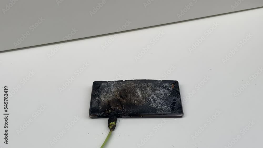 Broken phone. Hammer hitting the display breaks the mobile phone ...