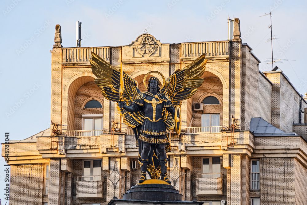 KIEV UKRAINE November 13, 2022: Gold plated bronze statue of Archangel ...