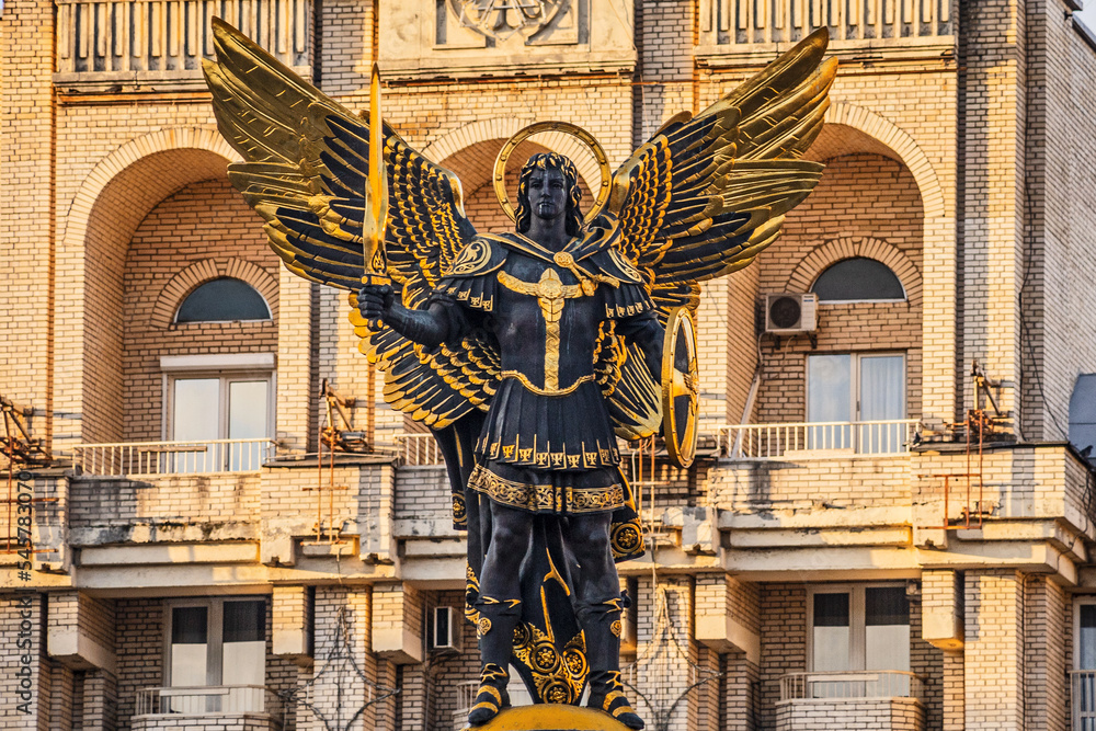 KIEV UKRAINE November 13, 2022: Gold plated bronze statue of Archangel ...