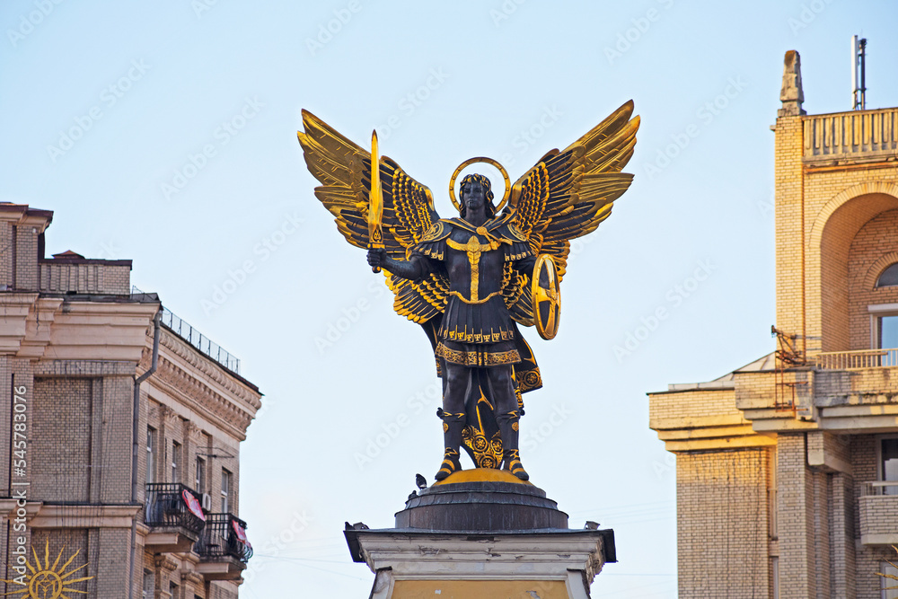KIEV UKRAINE November 13, 2022: Gold plated bronze statue of Archangel ...