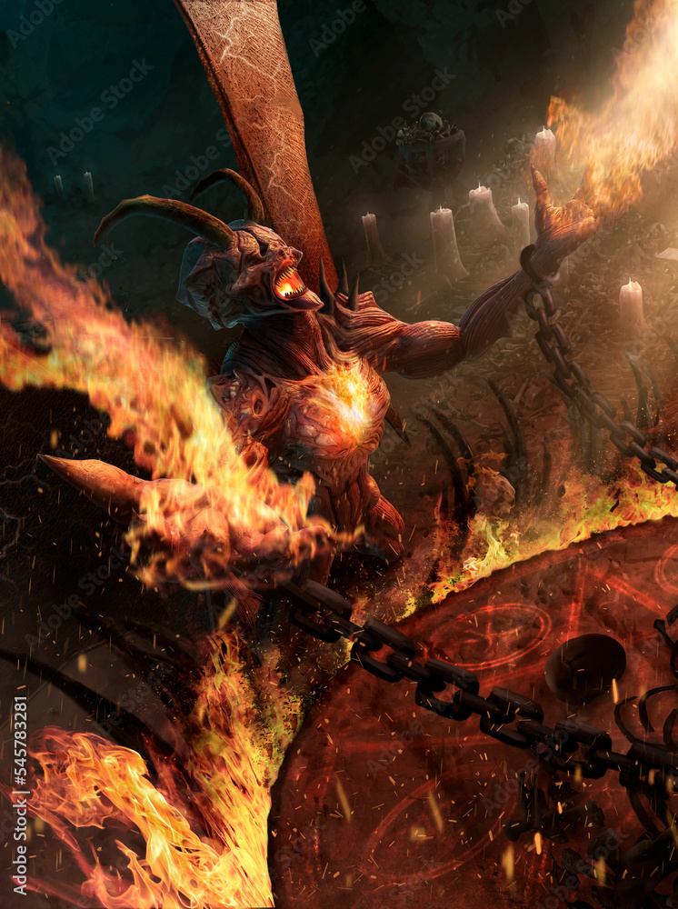 Dark fantasy character, scary, fiery demon in chains is kneeling in ...