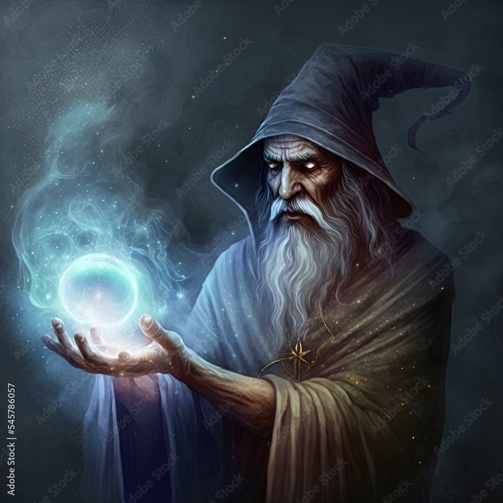 powerful mage or sorcerer casting a magic spell, fantasy background ...