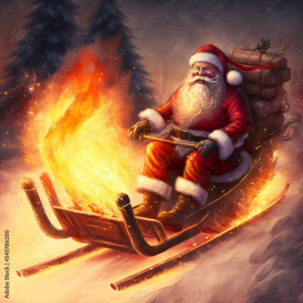 illustration of santa claus sitting on a burning sleigh with furious ...