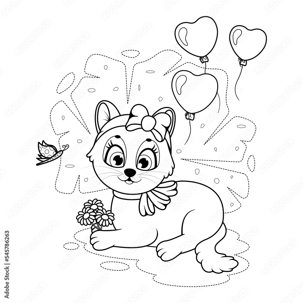 Coloring page. Cute cartoon kitten with flowers, balloons and a ...