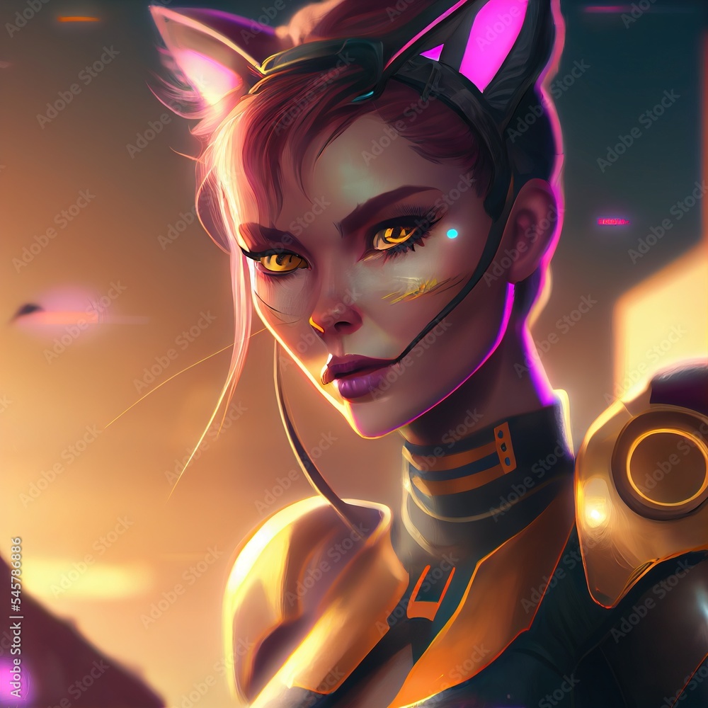 Cyberpunk neonpunk catgirl character design. Front view 3d render of ...