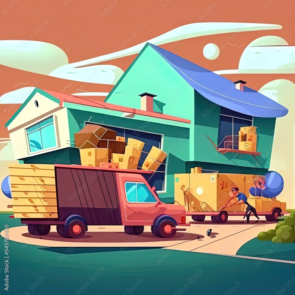 Cartoon delivery of goods by truck to the house. Movers transfer boxes ...
