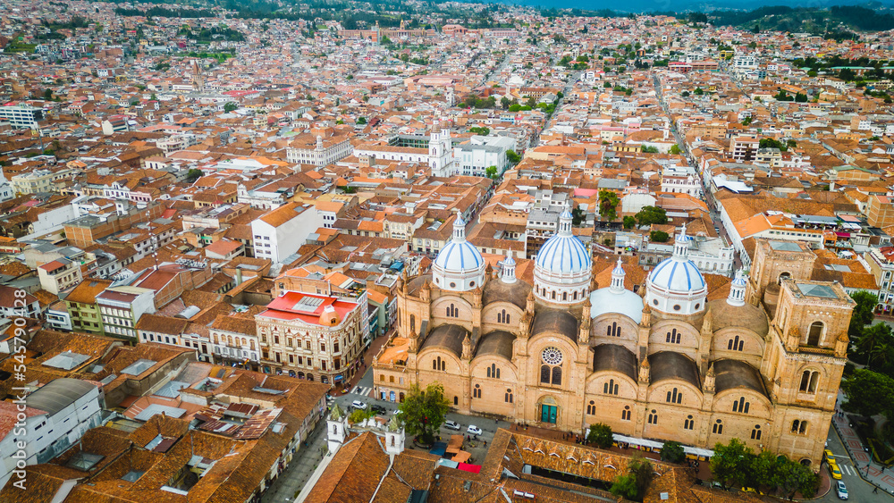 New Cathedral of Cuenca Ecuador, Immaculate Conception Aerial Drone Above Domes Historical ...