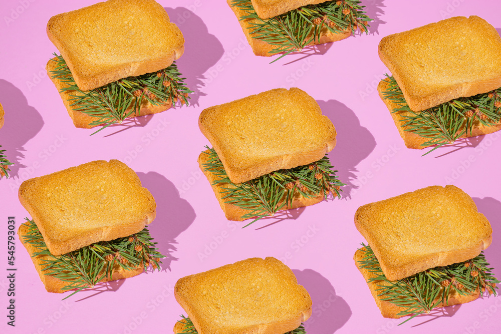 Christmas party creative pattern with fir branches between toast bread ...