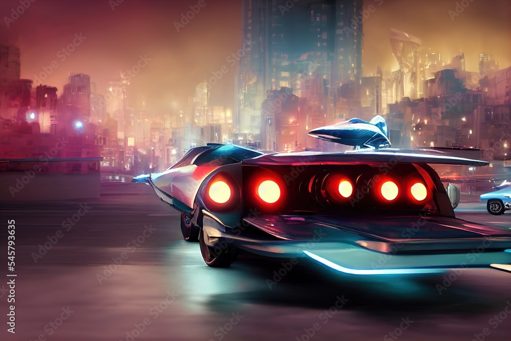 A flying car rushes at high speed along the night street of a ...