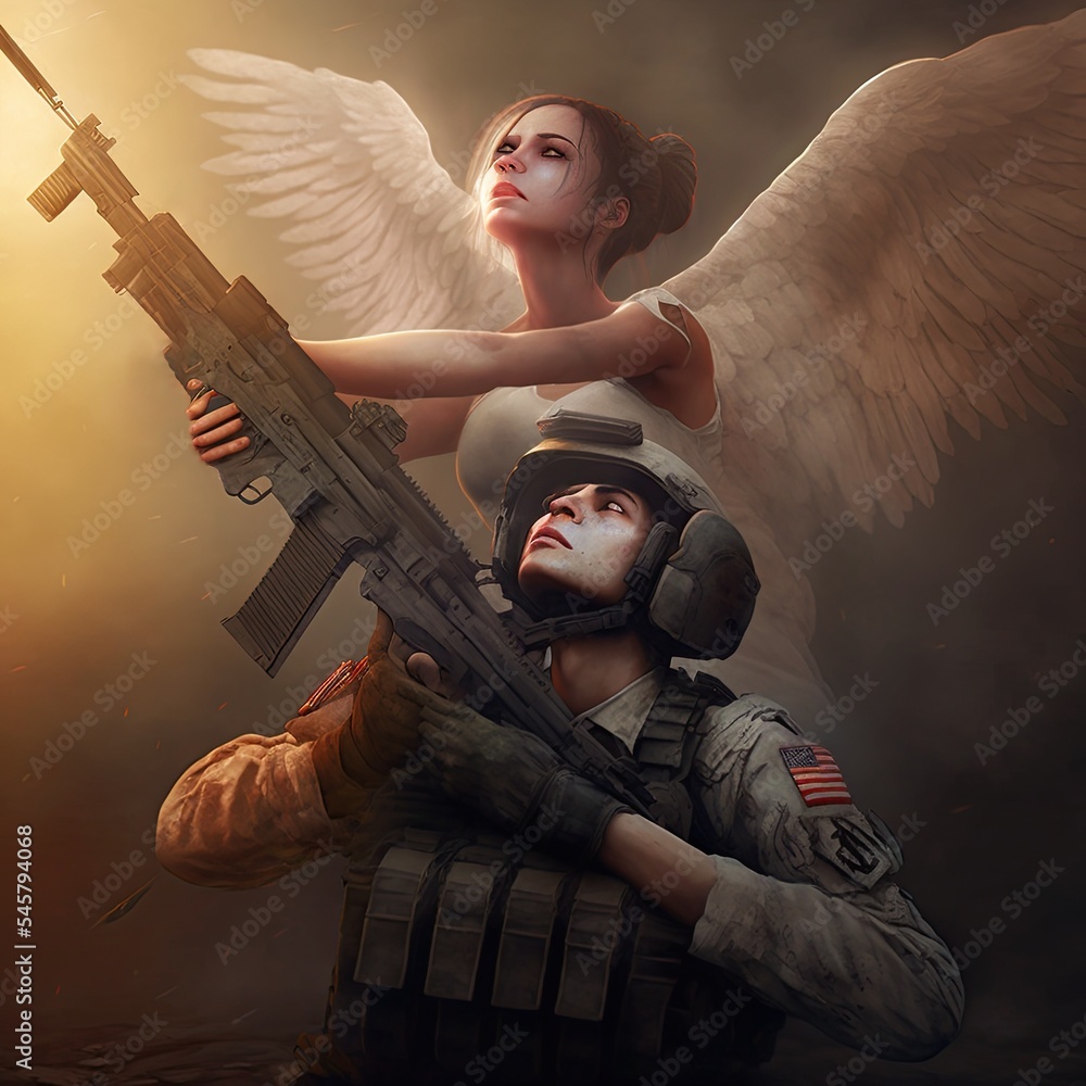 Beautiful angel lifting up a dead American soldier. Concept of ...