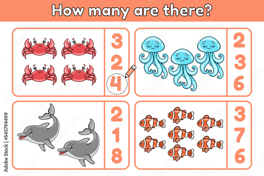 Math game for children. Count cartoon sea animals and choose the ...