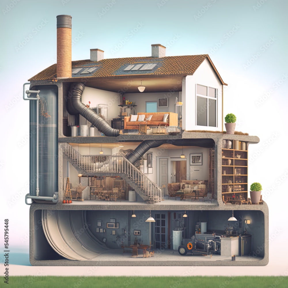 Cross section of house, divided into renovated part and unfinished part ...