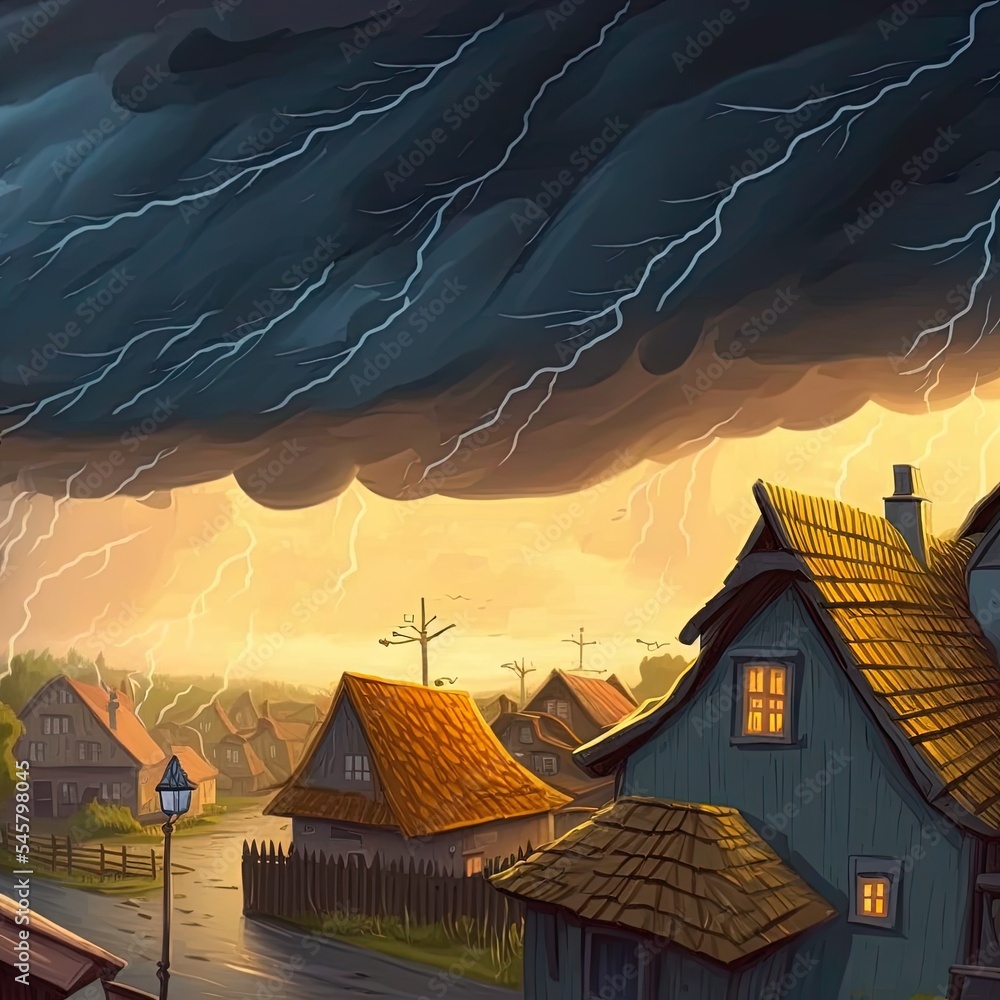 Cartoon scene with weather storm over the village thunders illustration ...