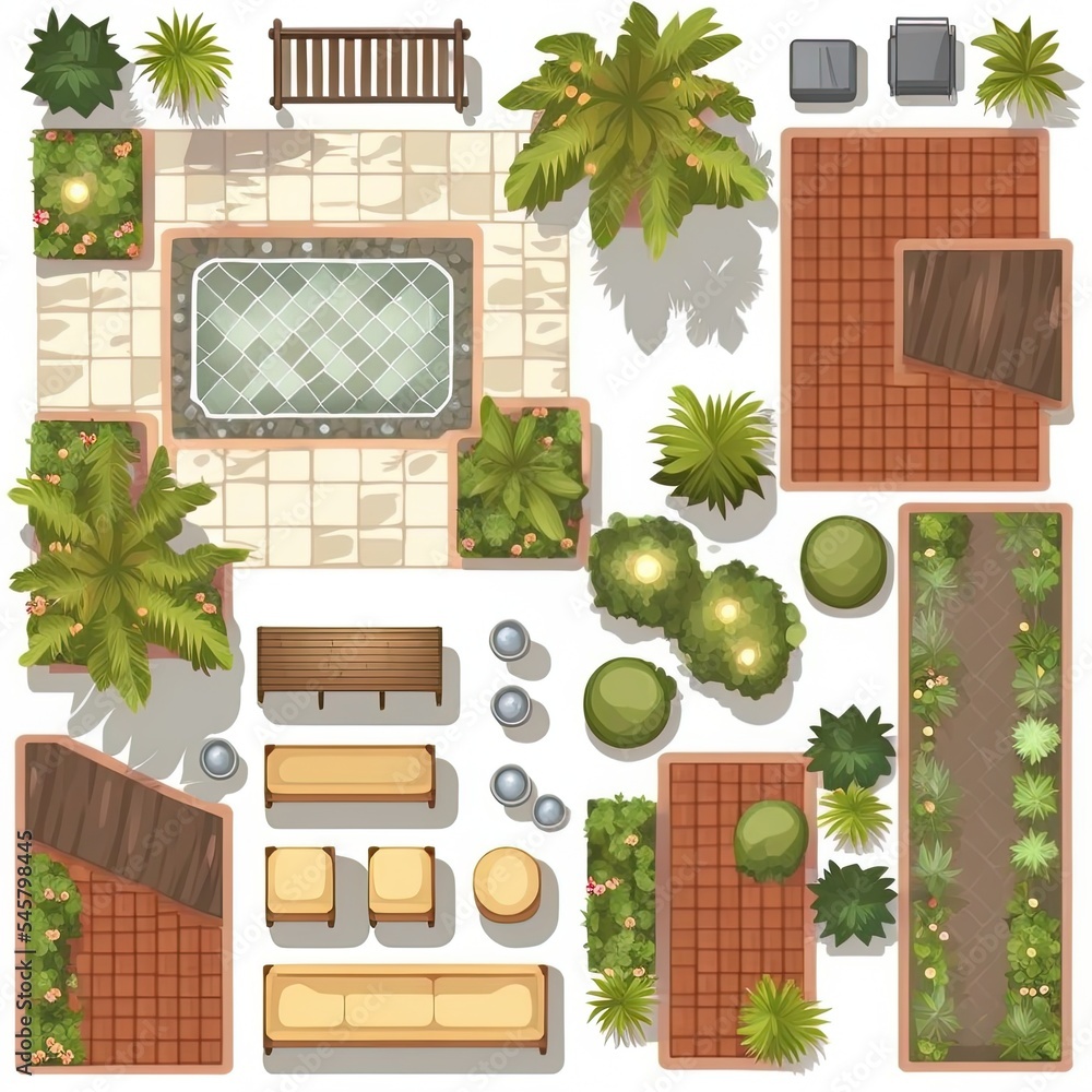 ?llustration of landscape elements. Houses, architectural elements ...