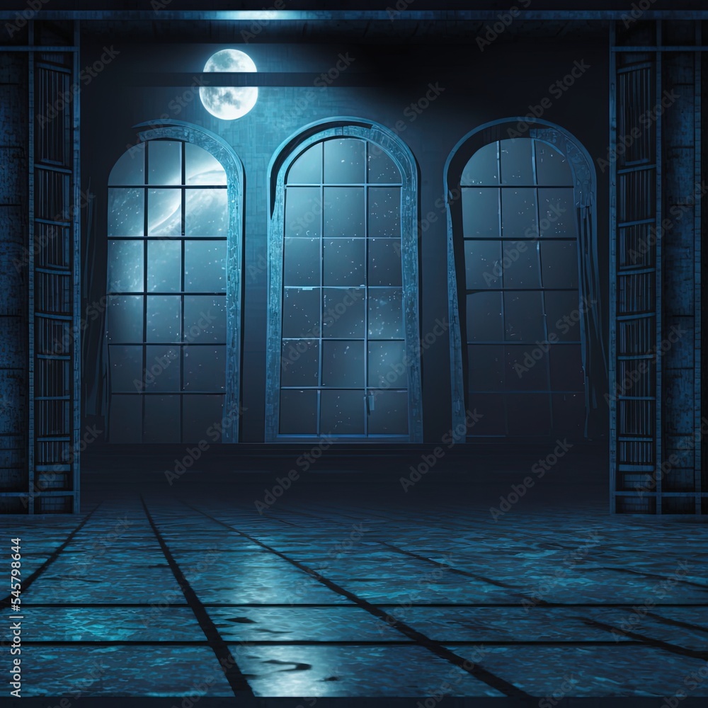 Dark scary fantasy room with windows and doors. Big moon, night sky ...