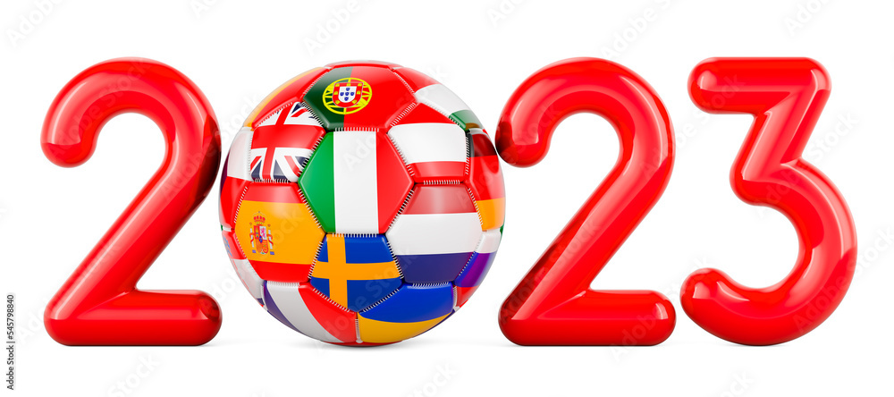 European Championship 2023 concept. Soccer ball with European flags, 3D ...