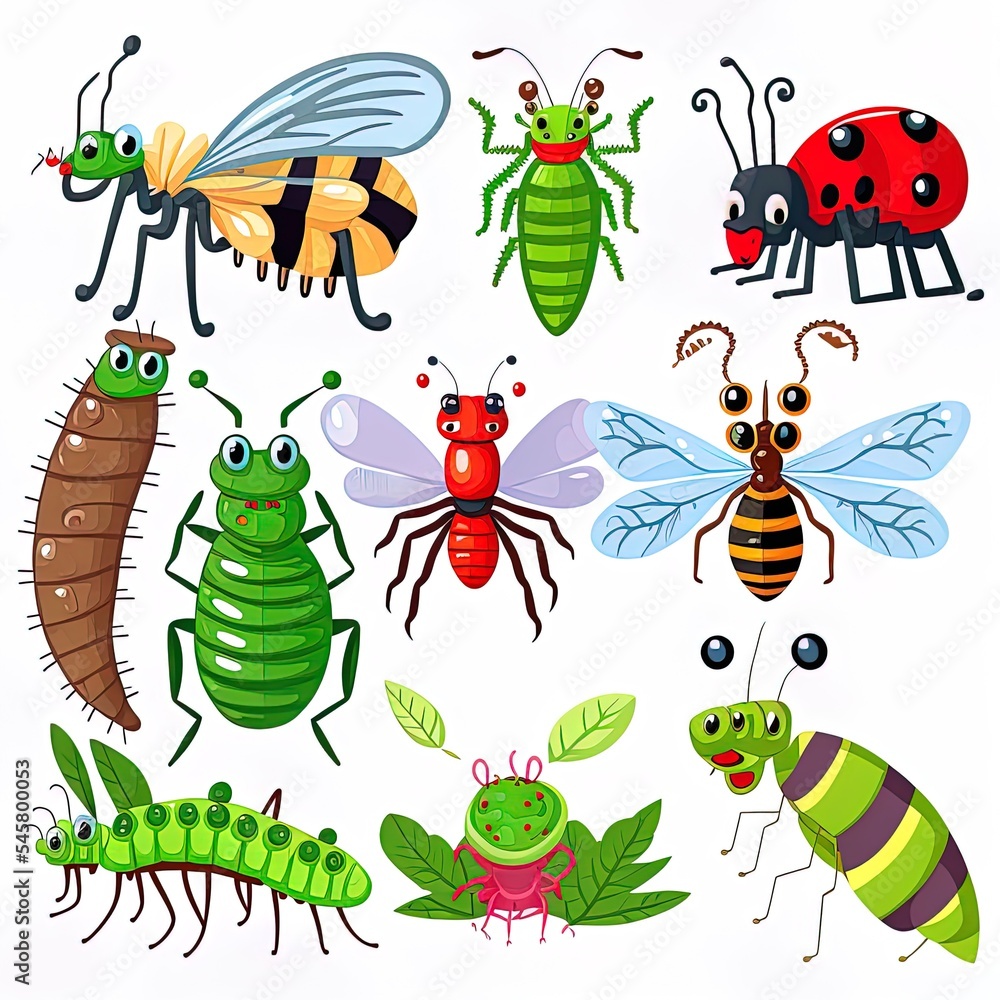 Cute cartoon insects. Funny caterpillar and butterfly, children bugs ...
