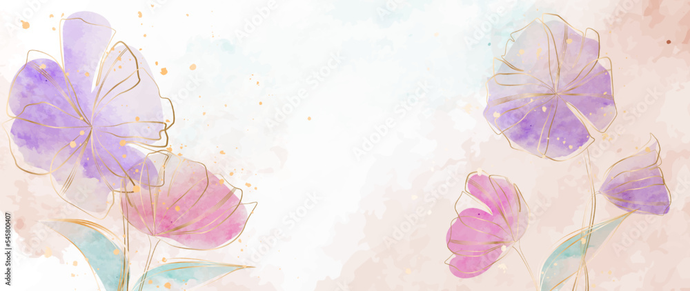 Luxury watercolor floral art background with purple and pink flowers ...