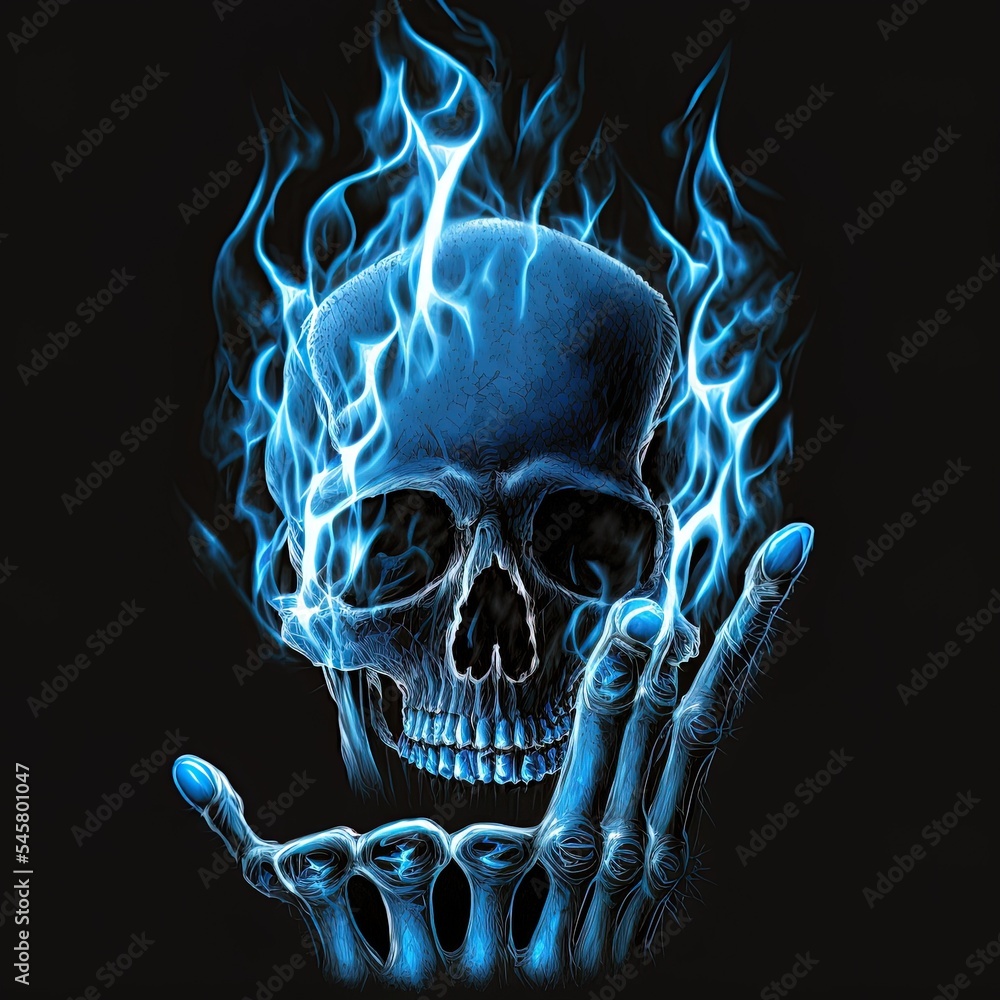 detailed skull and skeleton hand and blue fire, on black background ...