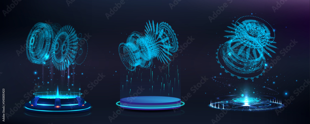 Schemes of mechanisms on futuristic catwalks holograms, 3D blueprint ...