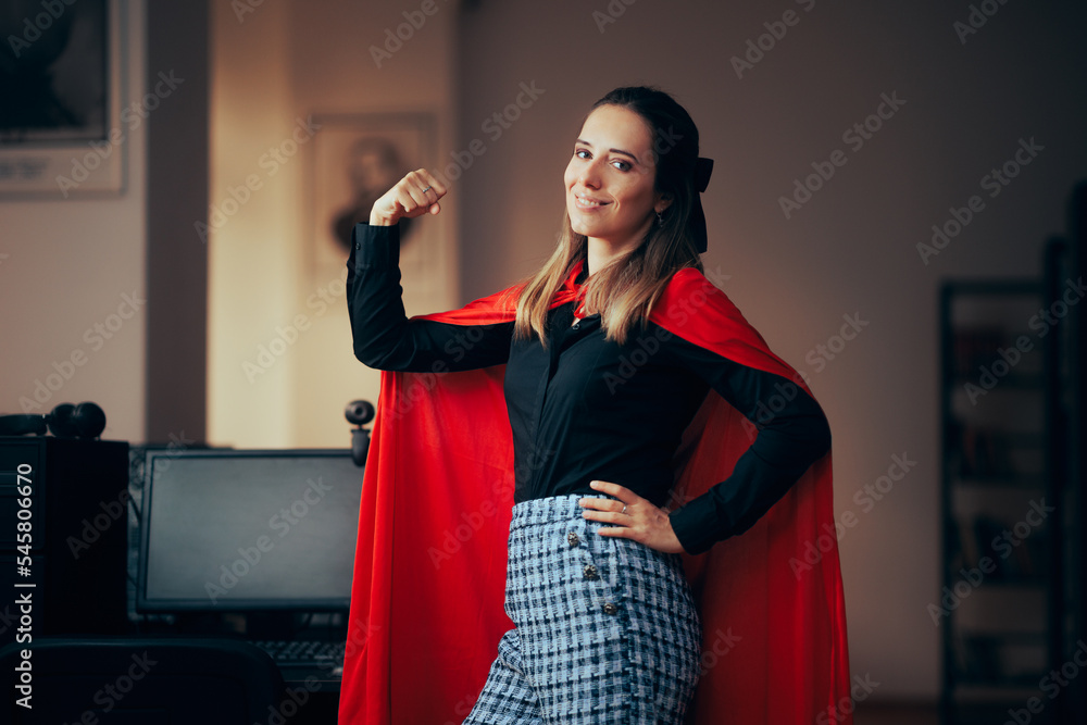 Happy Superhero Businesswoman Wearing a Red Cape in the Office. Super ...