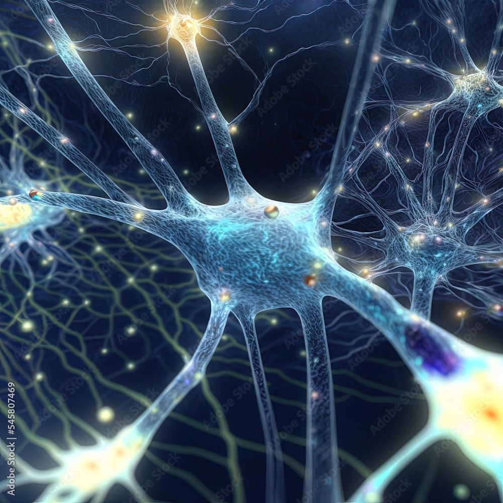 3D rendering of a network of neuron cells and synapses through which electrical impulses and ...