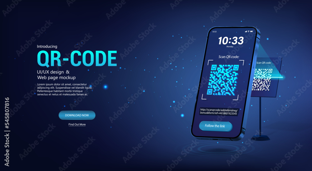 Scanning the QR code through a smartphone at the stand. Verification QR ...
