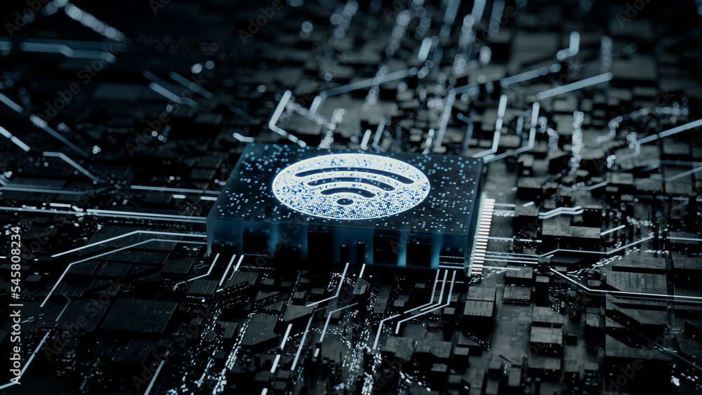 Wireless Technology Concept with wifi symbol on a Microchip. Data flows ...