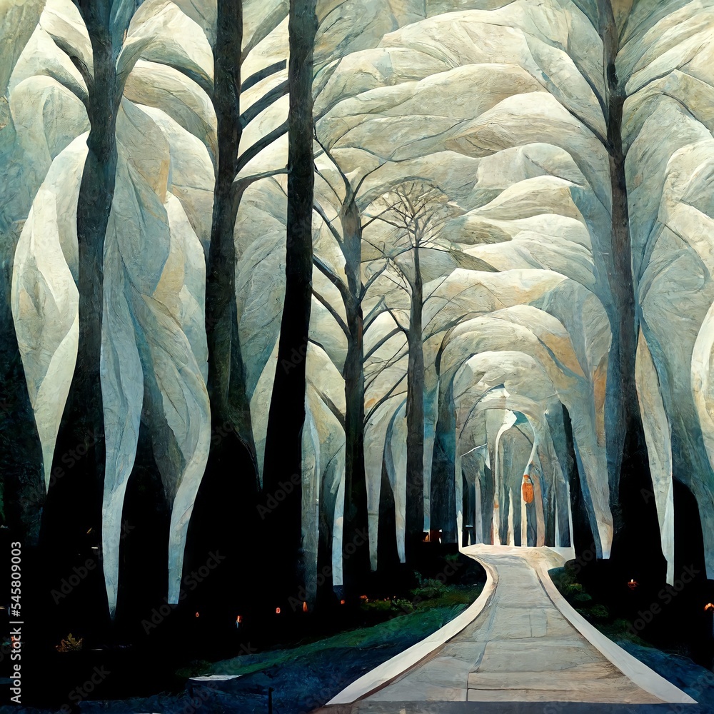Art Nouveau Painting of a Pathway through a Stylized White Forest ...