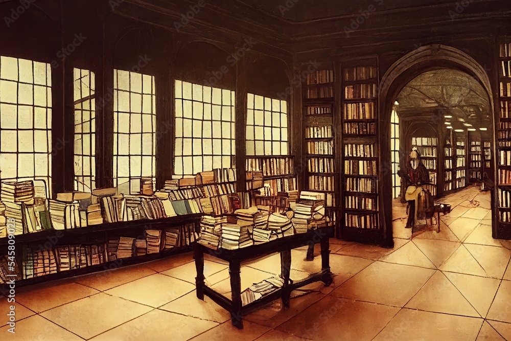 Interior View of a Cozy Bookshop. Store, Bookshelves, Table, Shopkeeper ...