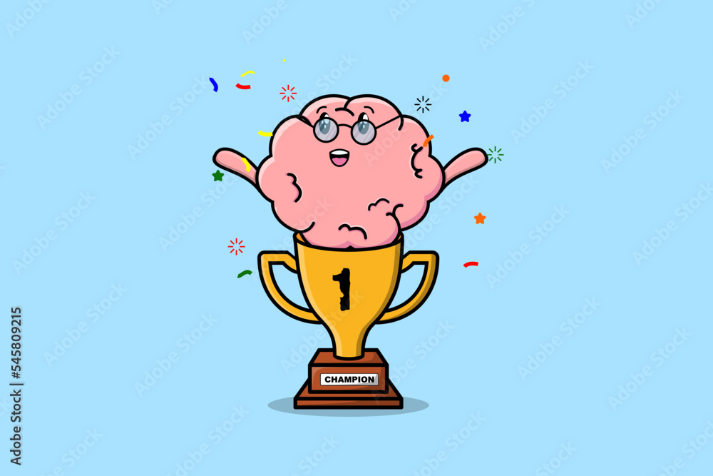 Cute cartoon Brain character in trophy in concept flat cartoon style in ...
