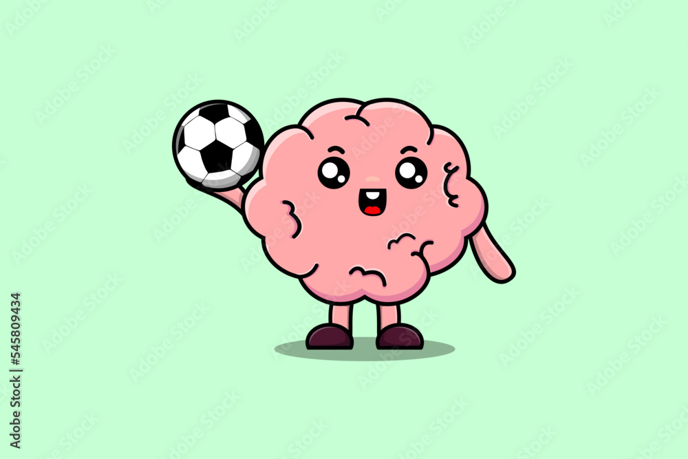Cute cartoon Brain character playing football in flat cartoon style ...