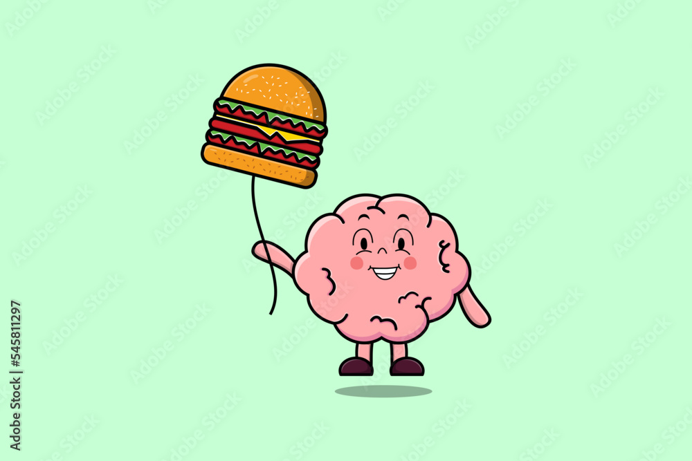 Cute cartoon Brain floating with burger balloon in flat cartoon vector ...