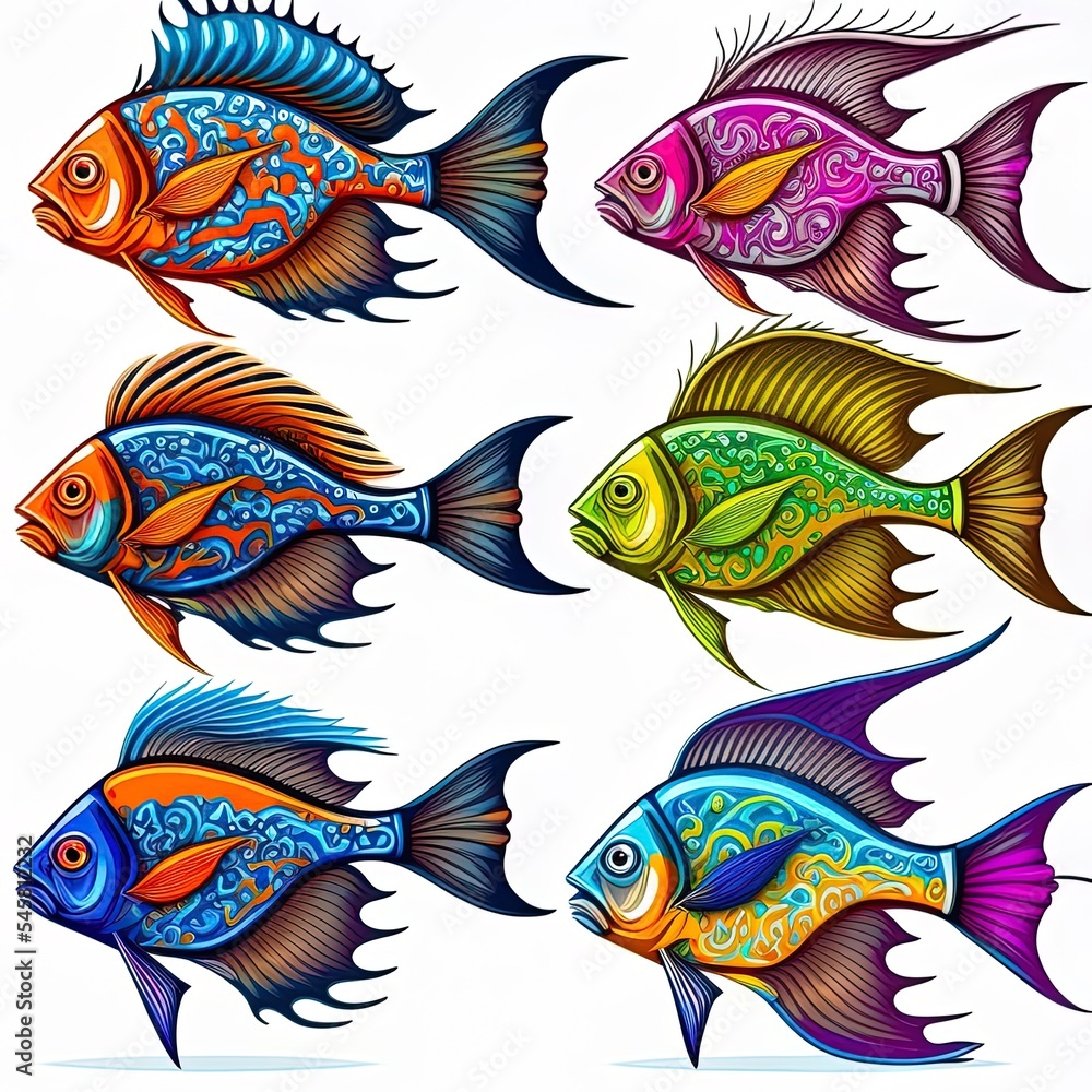 ?llustration of six stylized fish of different colors on white ...
