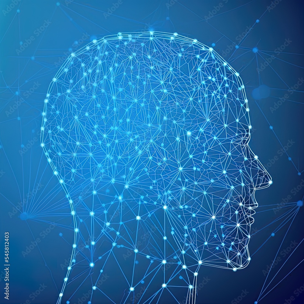 Human Head with Geometric brain made of connected dot and line in blue ...