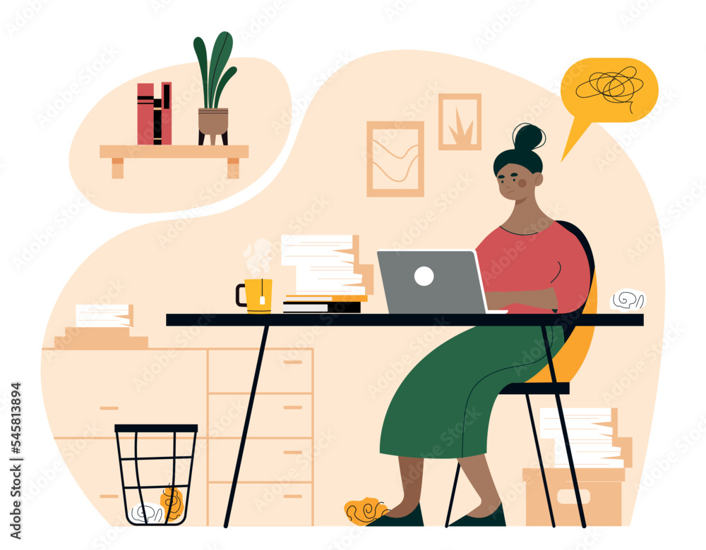 Tired worker concept. Woman sits at laptop without idea. Confused and ...