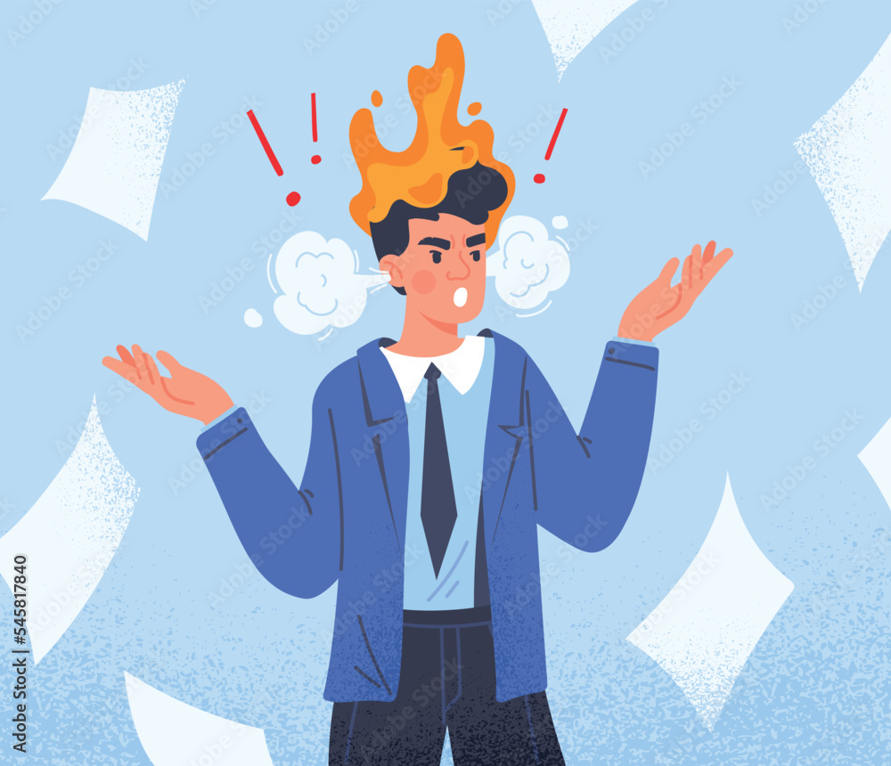 Stress at work. Businessman with shattered head stands among falling ...