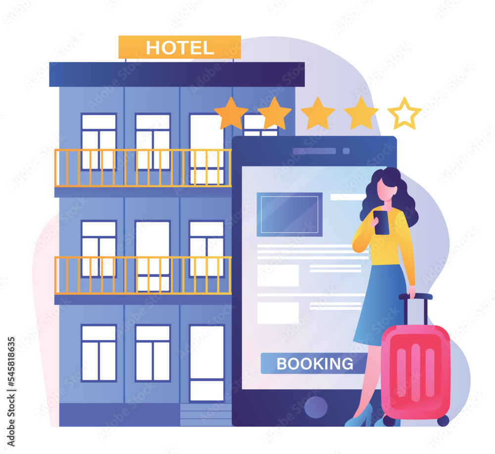 Booking hotel concept. Woman with suitcase on background of smartphone ...