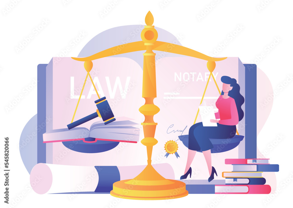 Notary service concept. Young girl on scales with hammer. Judge and ...