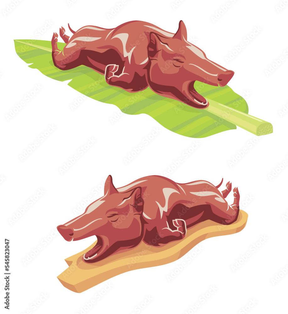 Lechon, Roast Pig on Tray and on Banana Leaf Vector Illustration Stock ...
