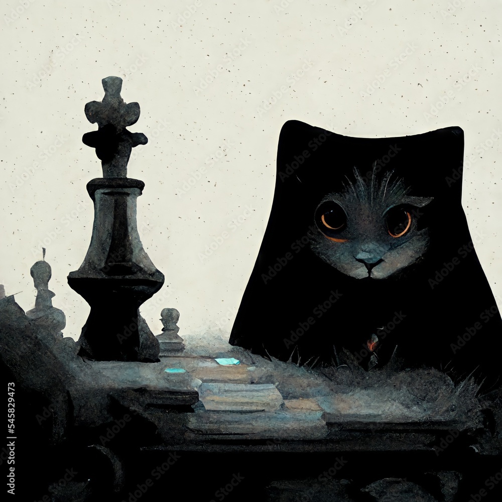 Mysterious Shrouded Cat Plays Chess. Cat, Game, Vintage Drawing, Shawl, Mystery, Storybook ...