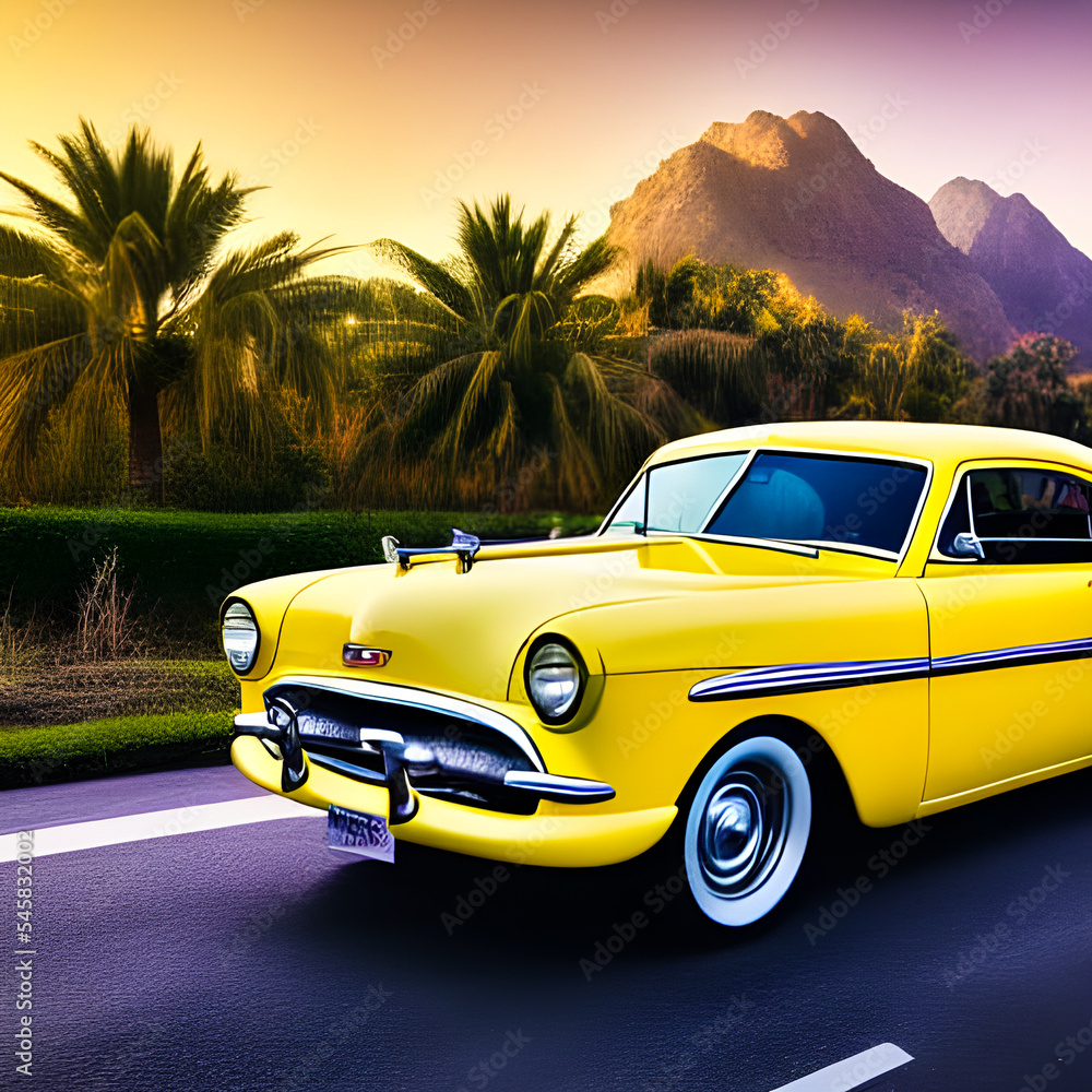 Muscle Cars #5005 -- An early-1950's bright yellow muscle car on a 2 ...