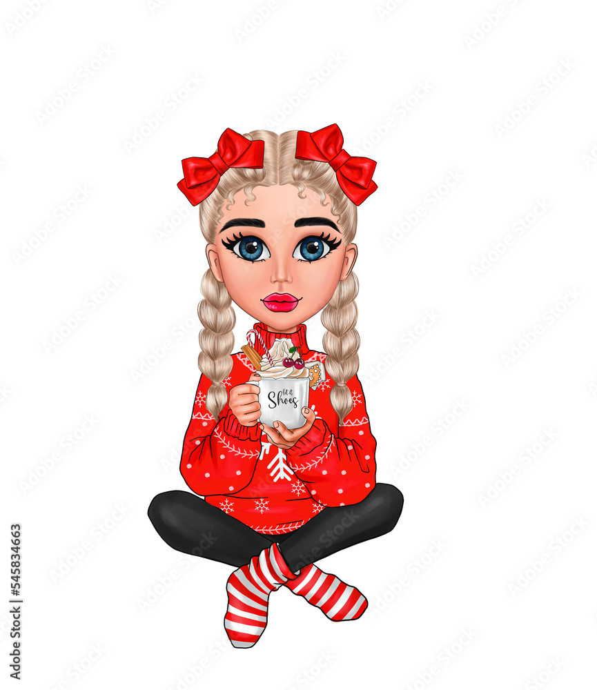 Cartoon girl in a sweater with a Christmas drink. Chibi. Stock ...