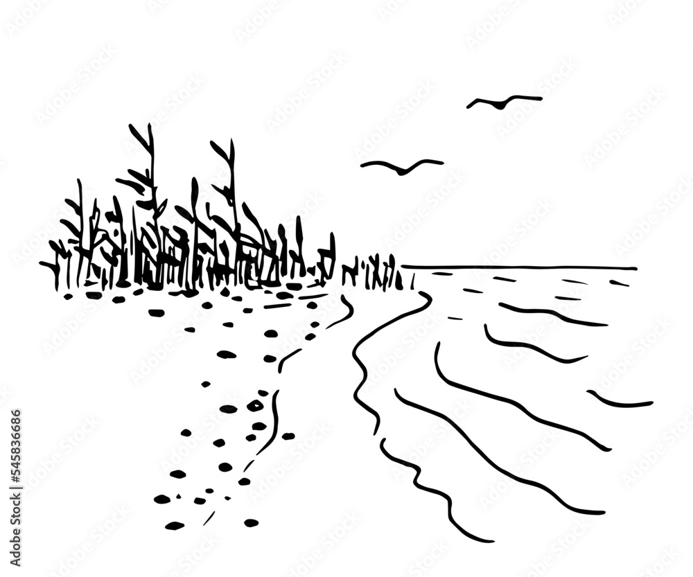 Simple black outline vector drawing. Wild beach, pebbles and sand ...
