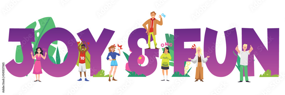 Joy and fun motivational poster with various people vector illustration ...