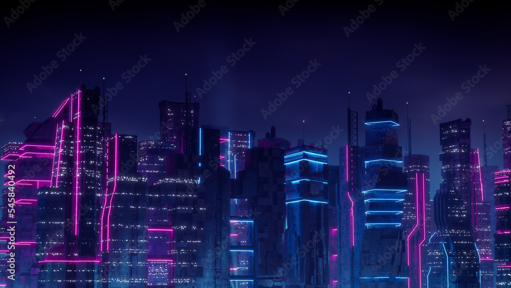 Futuristic City Skyline with Blue and Pink Neon lights. Night scene ...